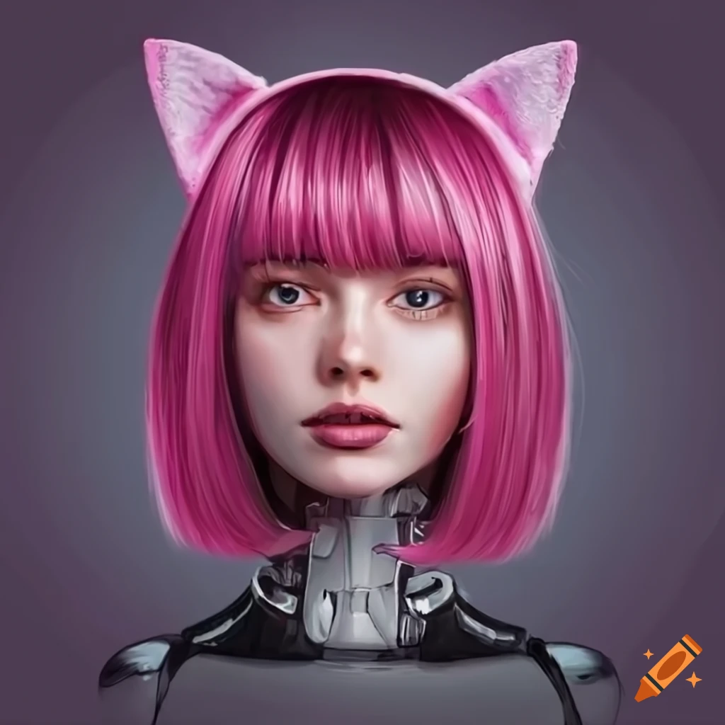 Robot girl with cat ears and pink bob cut on Craiyon