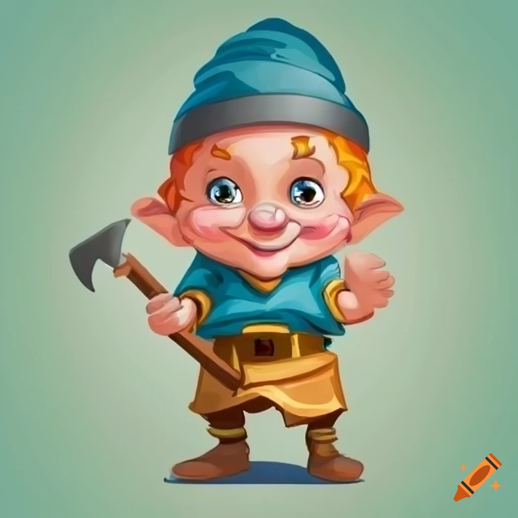 Cartoon image of a dwarf boy with a cap holding an ax on Craiyon