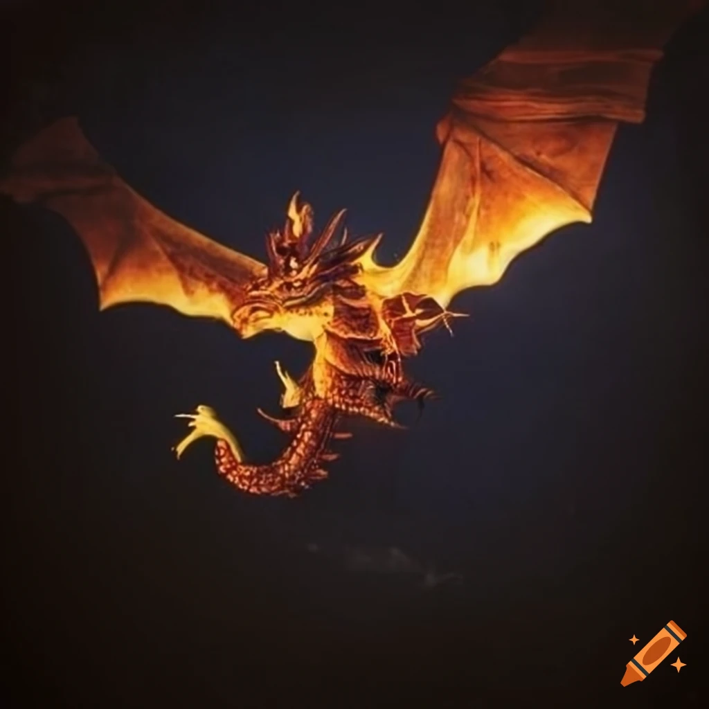 Dark vintage picture of a small fire dragon flying over an old german ...