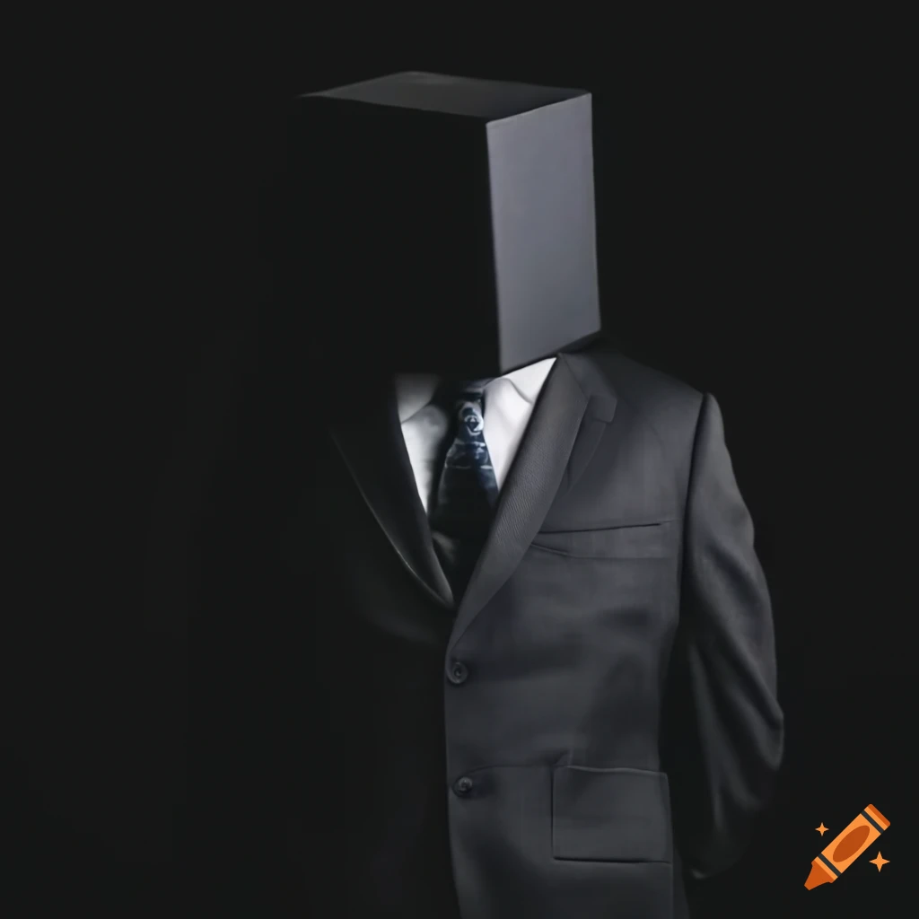 Man in suit with black box over his head