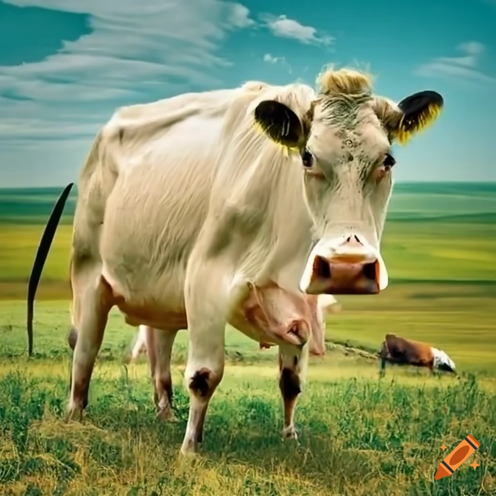 Cow with blonde hair being milked by an engineer in the middle of a ...