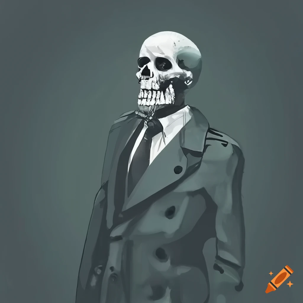 Skeleton wearing black suit and trench coat, standing in the city, rain ...