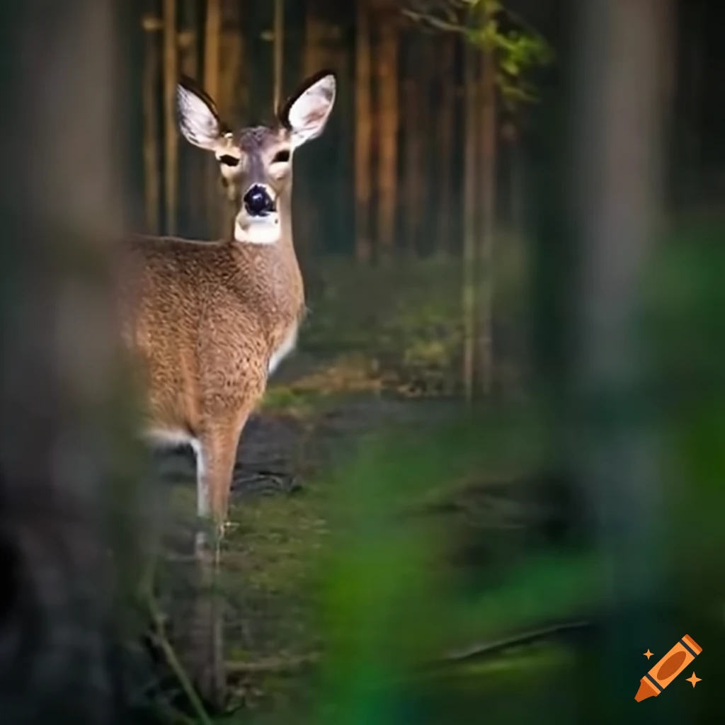 A graceful doe peeking through the foliage at twilight on Craiyon