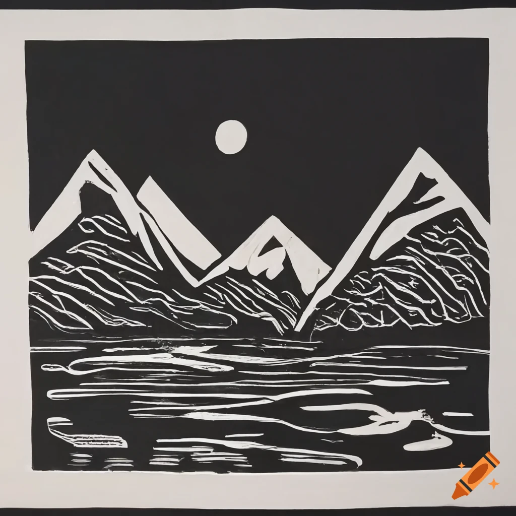 Simple linocut style mountain and river in black and white, with the ...