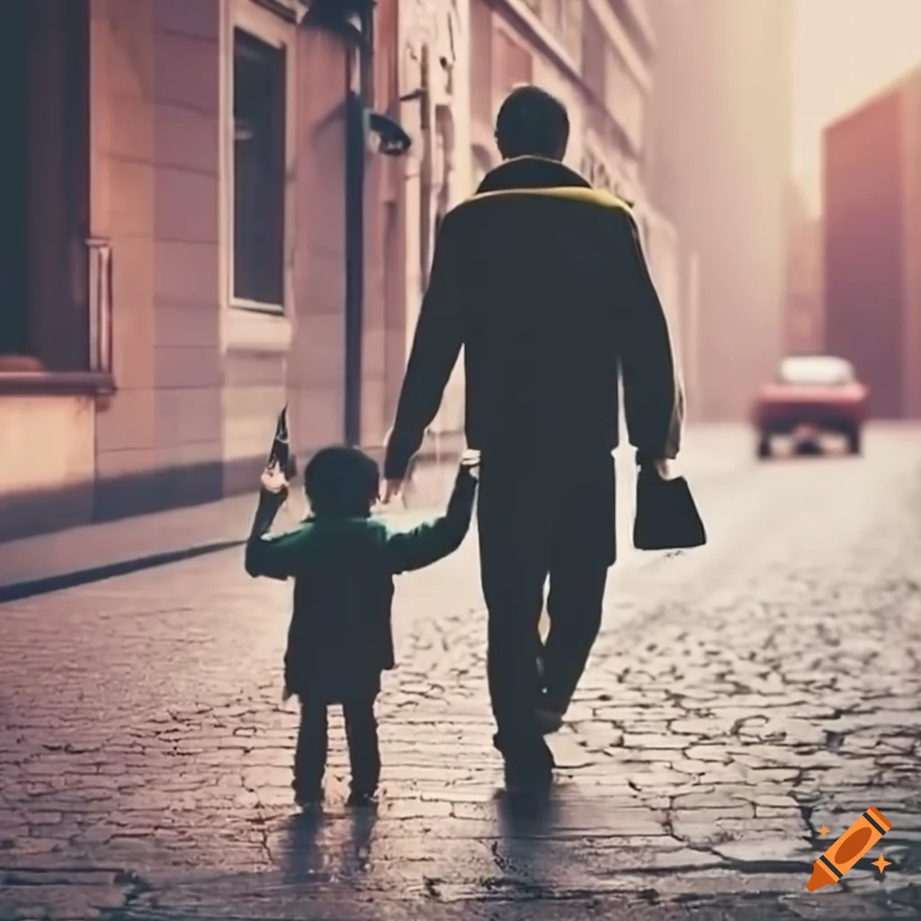 A man with a child walking down the street on Craiyon