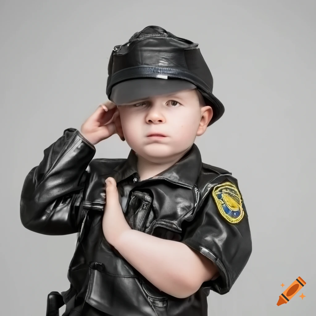 White toddler boy wearing baggy black slightly shiny police leather ...