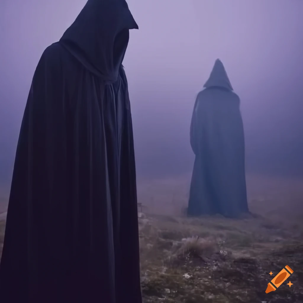 Hooded wizards joined together in a circle, enclosed by a foggy sky ...