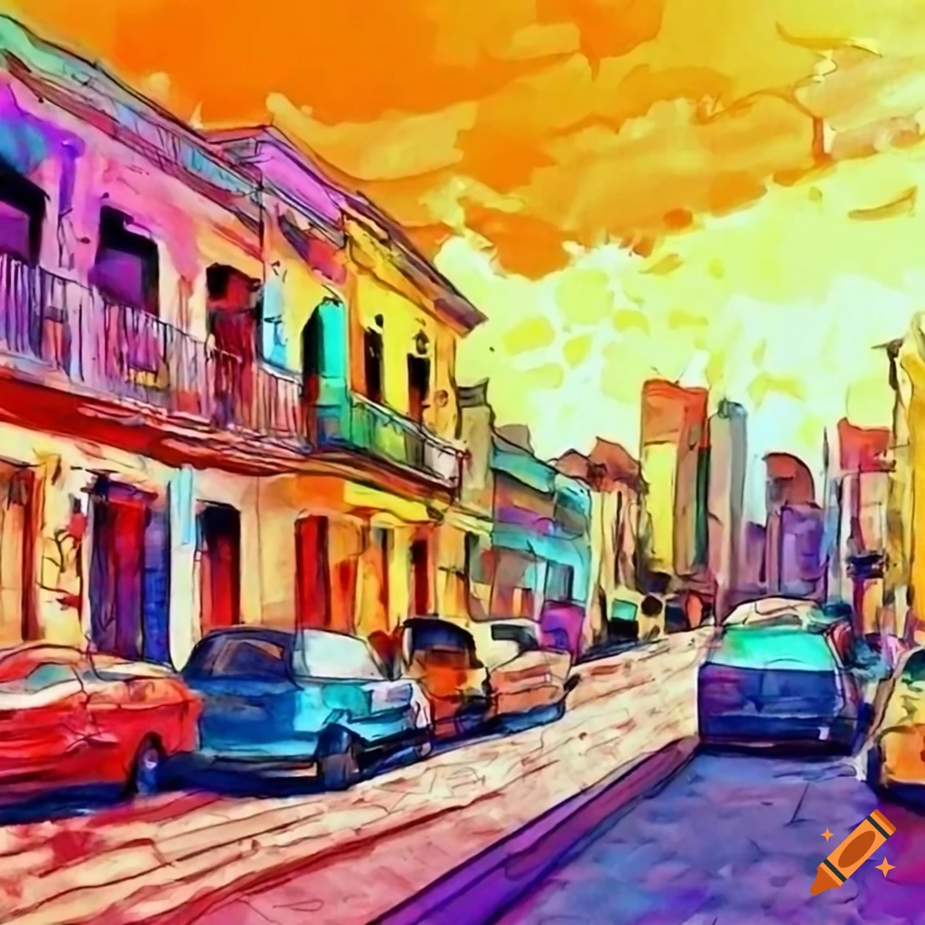 Urban sketch of the bustling streets of santos city, brazil