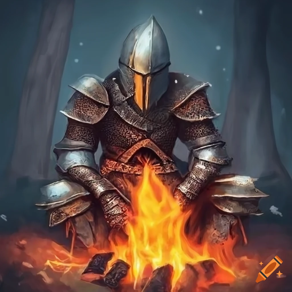 Black knight resting at a bonfire, warm light, high quality, high ...