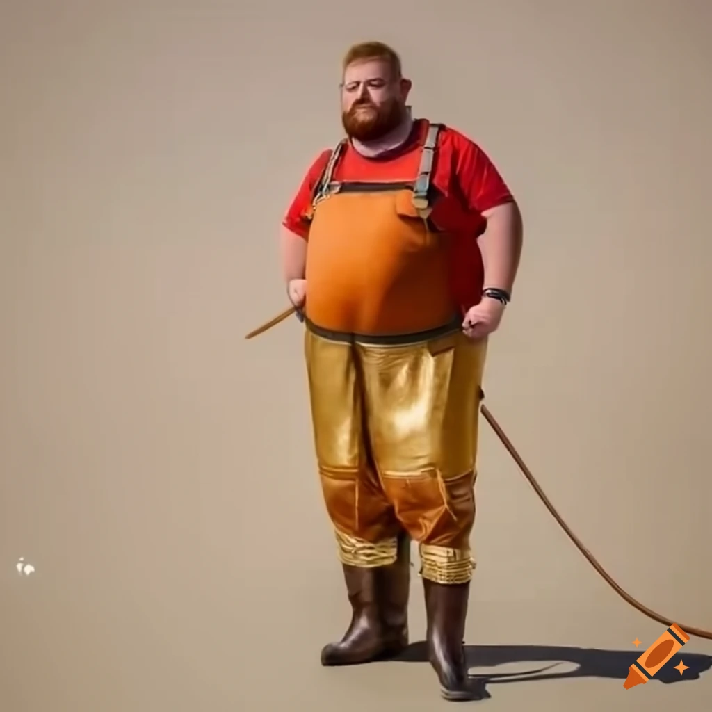Fat worker man red bearded brown harness golden waders golden boots in sun