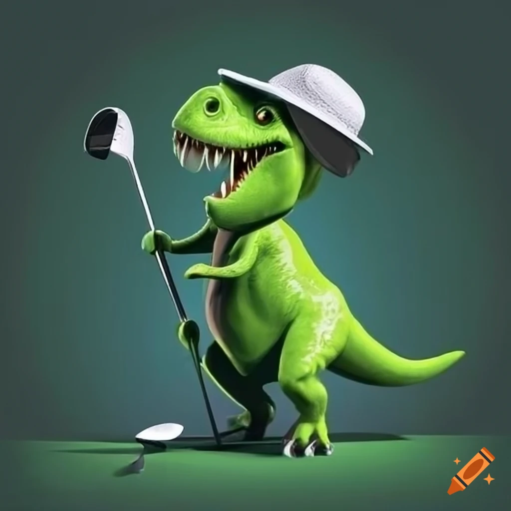 Green t-rex with a golf club and a hat on Craiyon