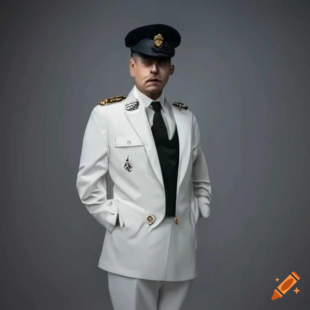 Military leader with white suit and dark hair with a stern expression