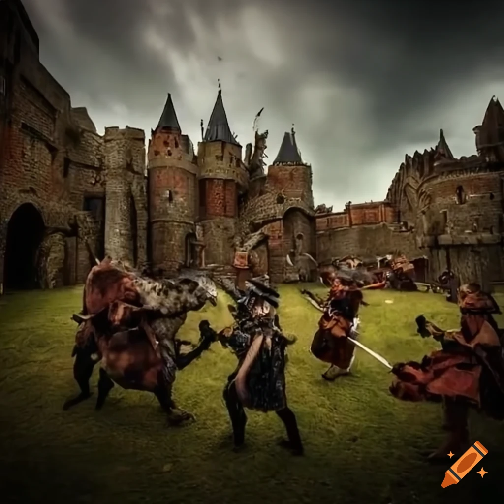Large fantasy battle outside castle