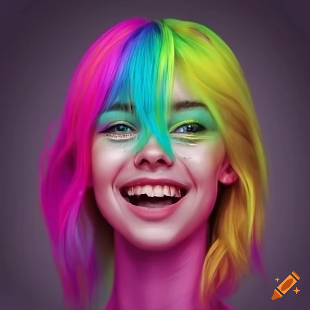 Photorealistic image of smiling girl with different colors of neon hair