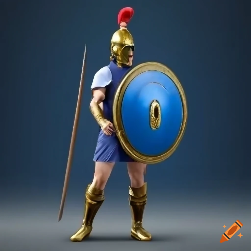 Greek Hoplite. Blue Tunic, blue Helmet crest, blue cloak, shining ...