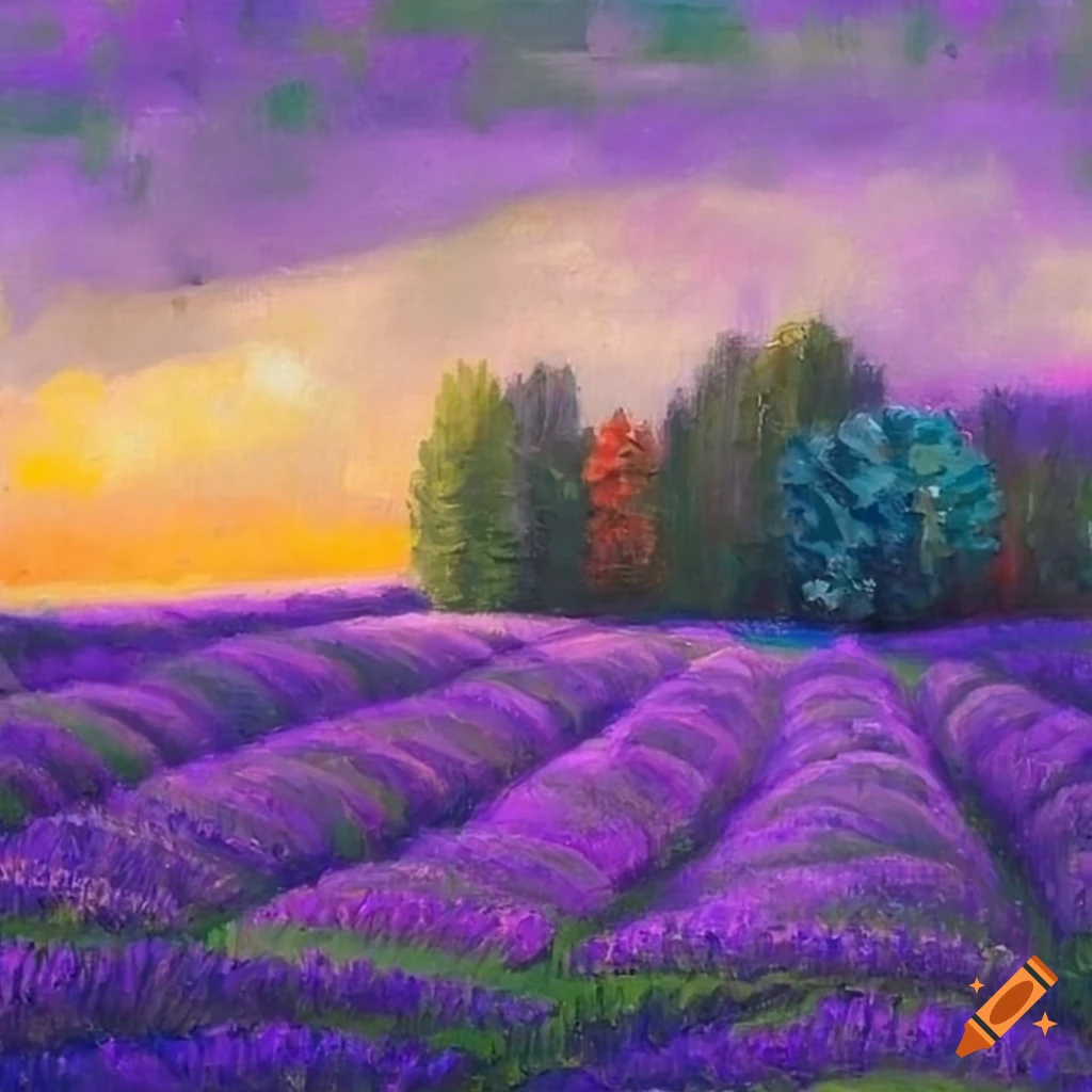 A landscape painting of a lavender field with a cat napping in the grass