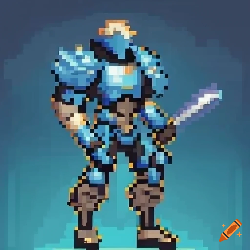 Disciplined marine, blue armor, dramatic battle stance facing right, 2d side scroller pixel art ...
