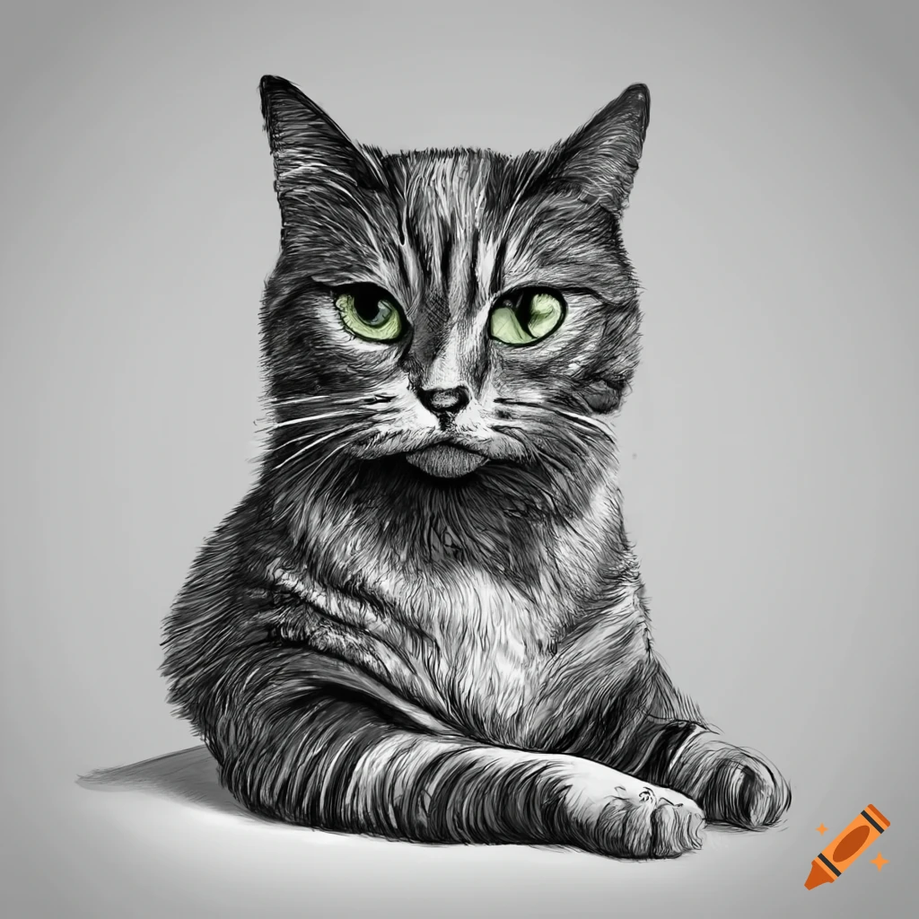 Manx cat fineline drawing greyscale coloring book style