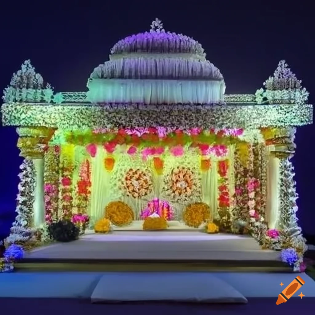 Mandap with domb structure with flowers in night on Craiyon