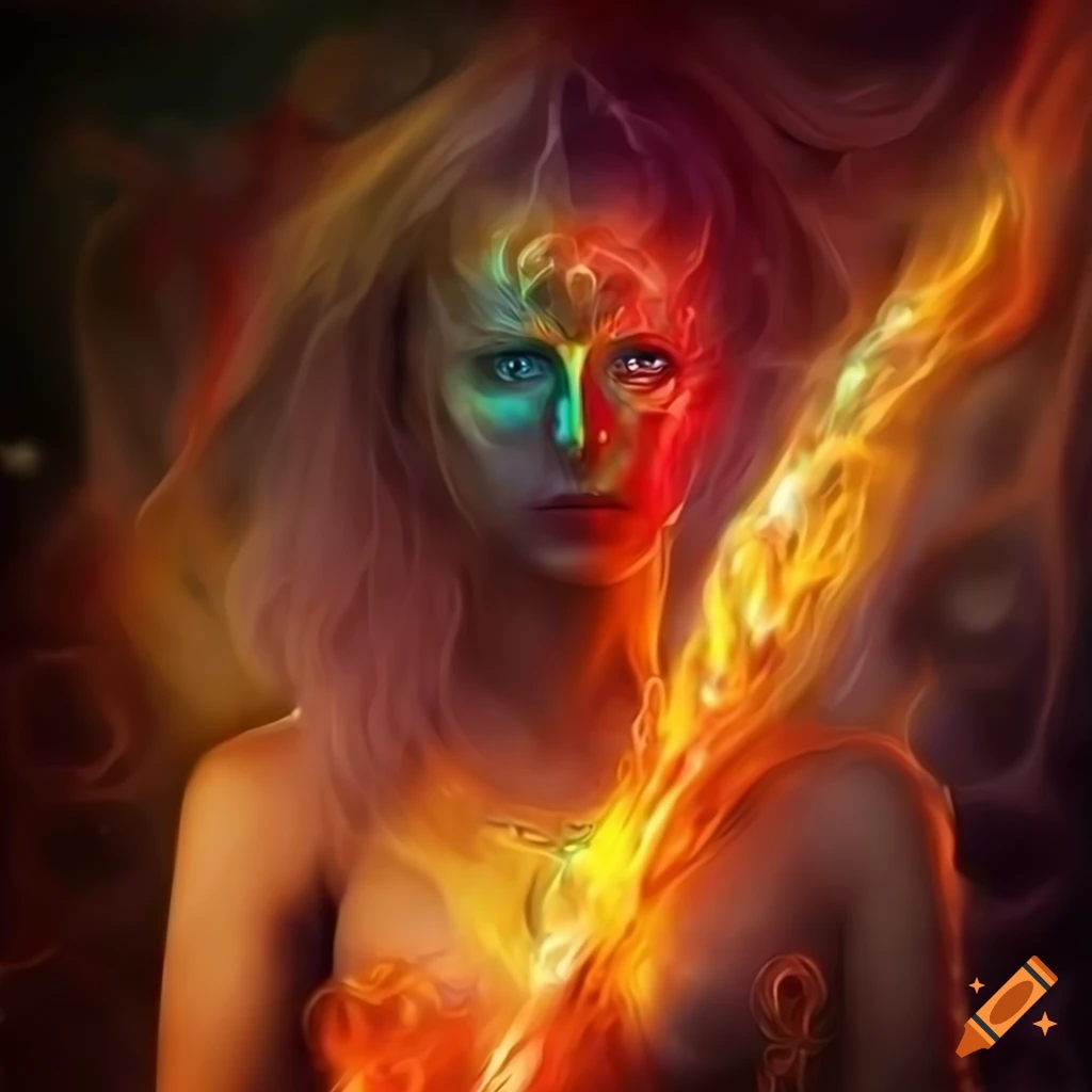 A divine warrior with glowing hair and eyes of flame digital painting