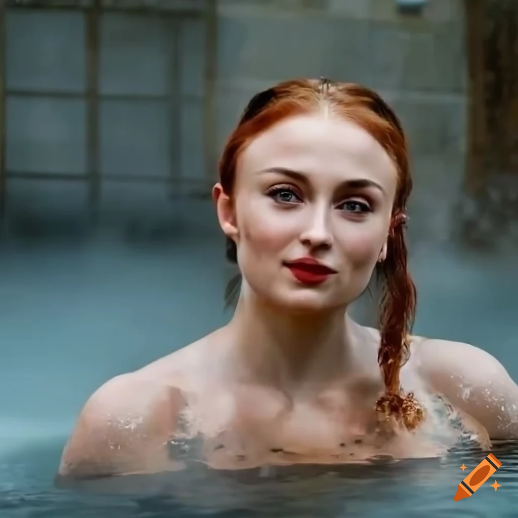 Gorgeous stunningly beautiful sansa stark red lips big eyes taking a bath in steaming hot spring ...
