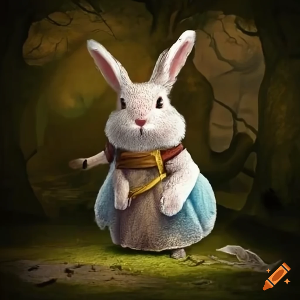 A wise rabbit dressed as a wizard under an ancient oak tree on Craiyon