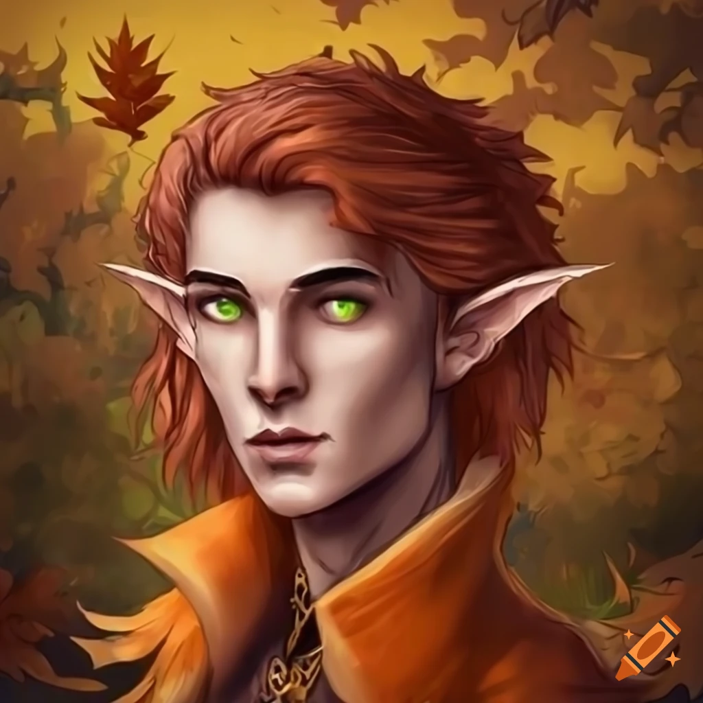 A male fey elf with autumn leaves hair and orange clothes on Craiyon