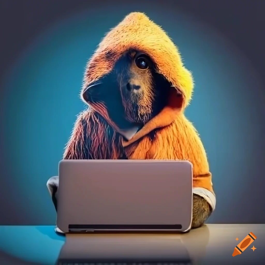 A capybara wearing a hood while programming in front of a laptop