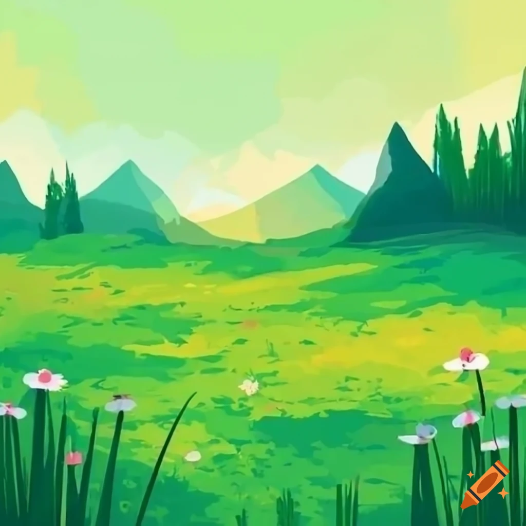 Meadow, green grass, flowers, mountains in background