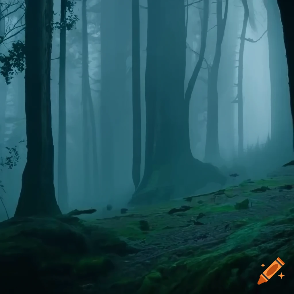 Rocky hill in misty forest