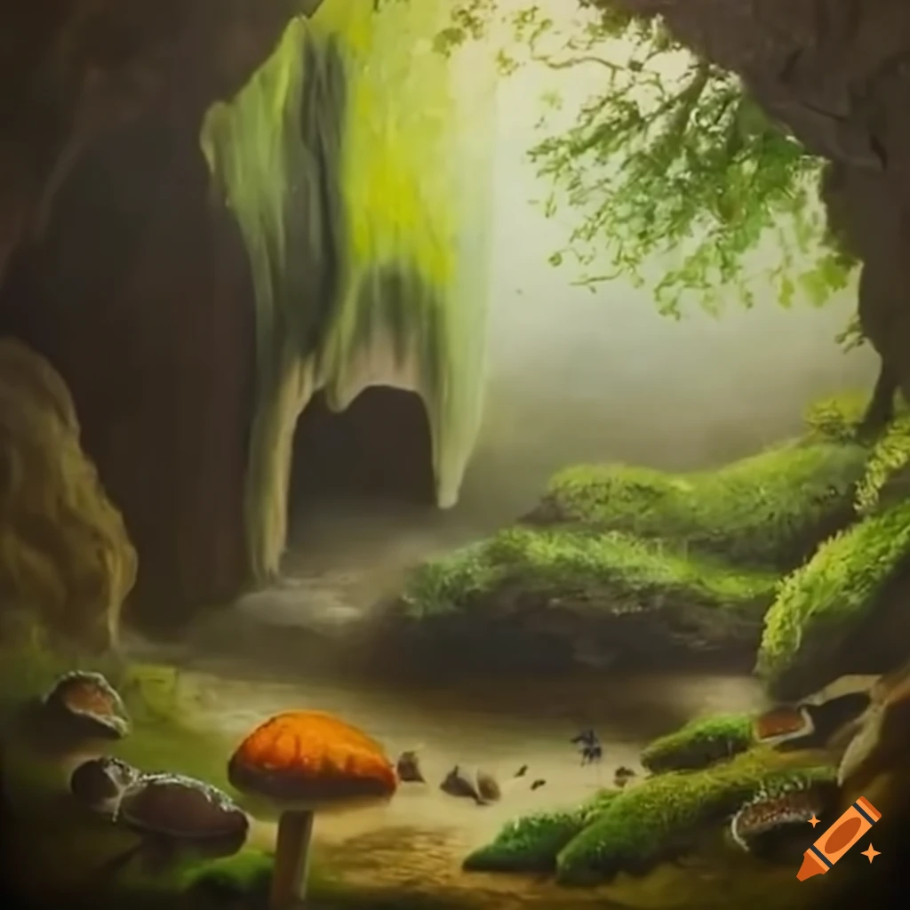 An underground cave scene with moss and mushrooms and bugs