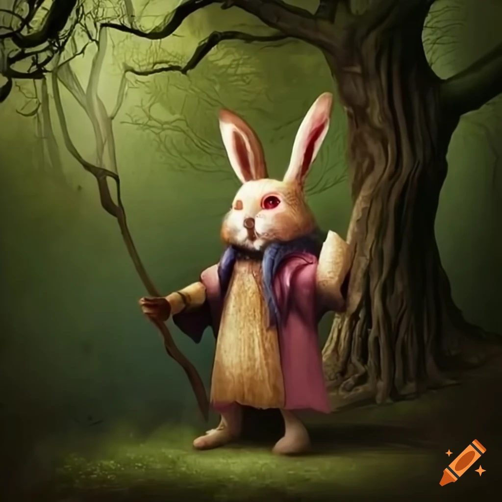 A wise rabbit dressed as a wizard under an ancient oak tree