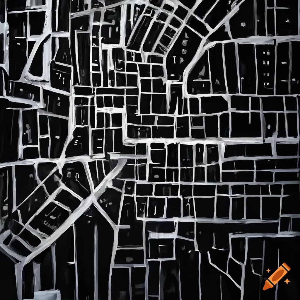 Complex city map layout white black on Craiyon