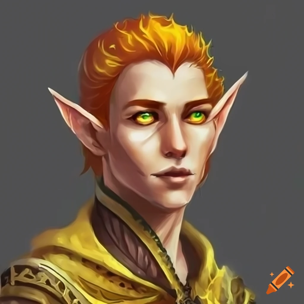 A male fey elf with yellow fire hair, yellow clothes and a serious face ...