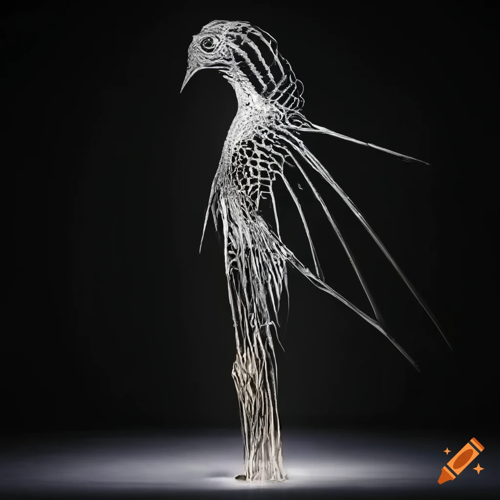 Geometric surreal brutalist humanoid tropical bird made of translucent crystalline structures on ...