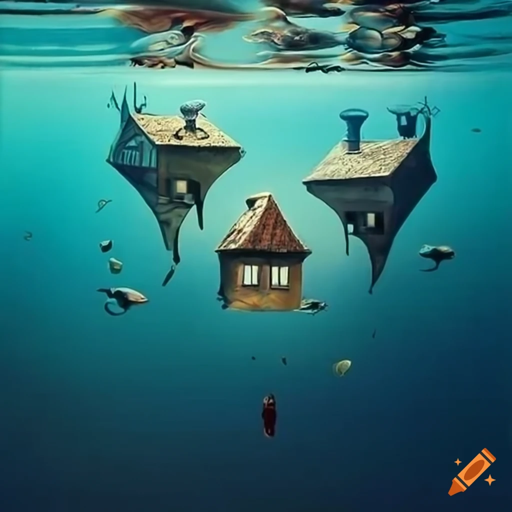 Surreal painting houses flying upside down dali style underwater