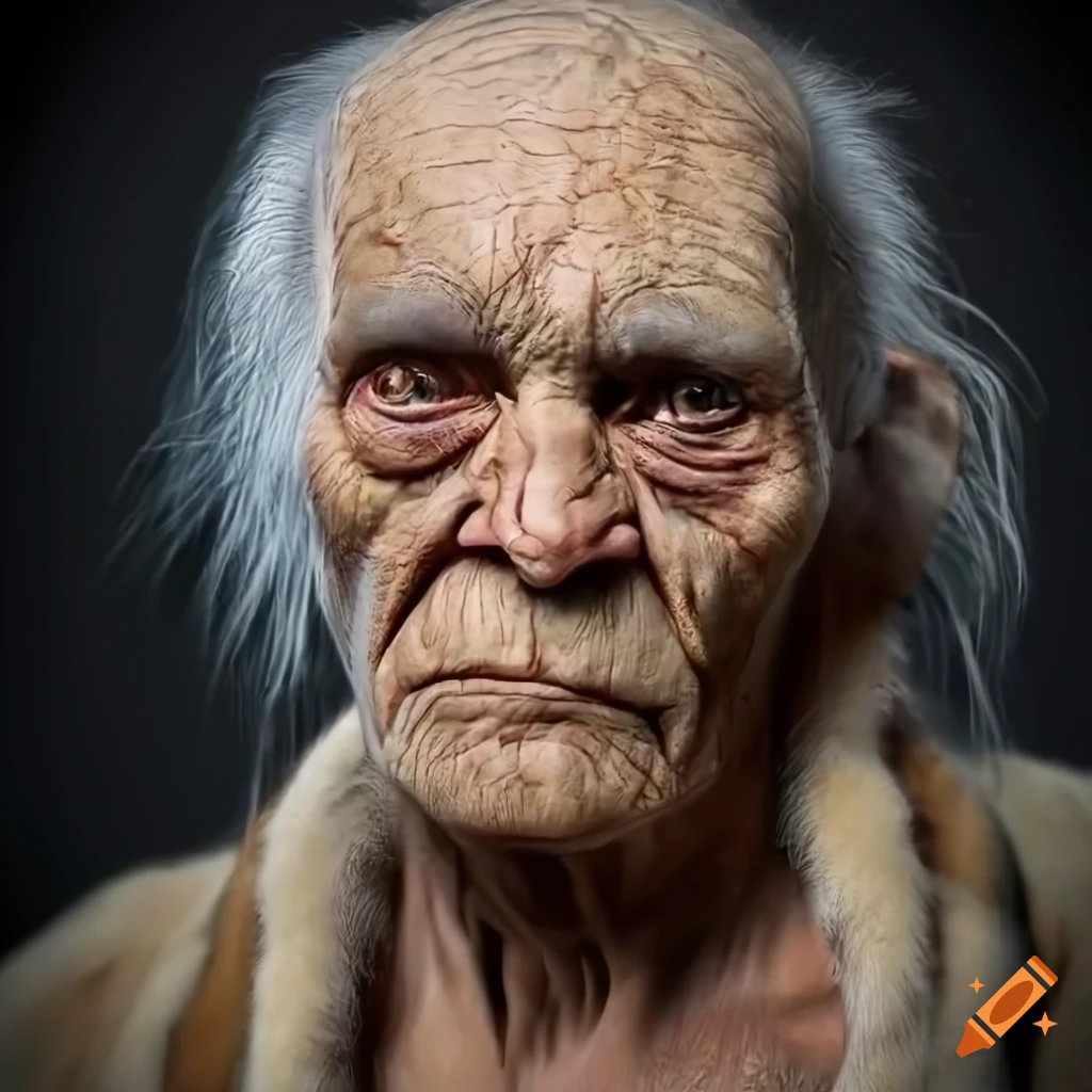 Old blind cunning man with soft pale skin with features of piter de ...