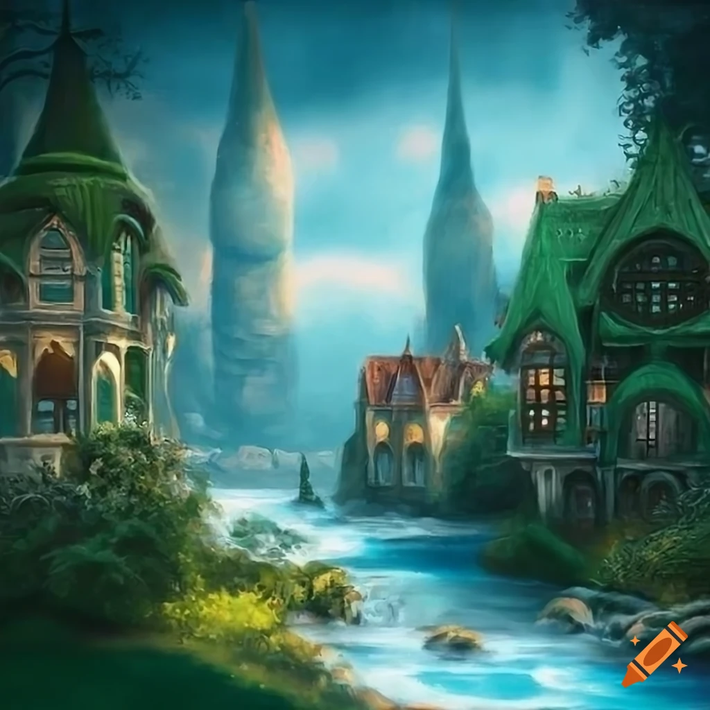 Landscape, photo realistic painting, high detail, elven city, rivendell ...