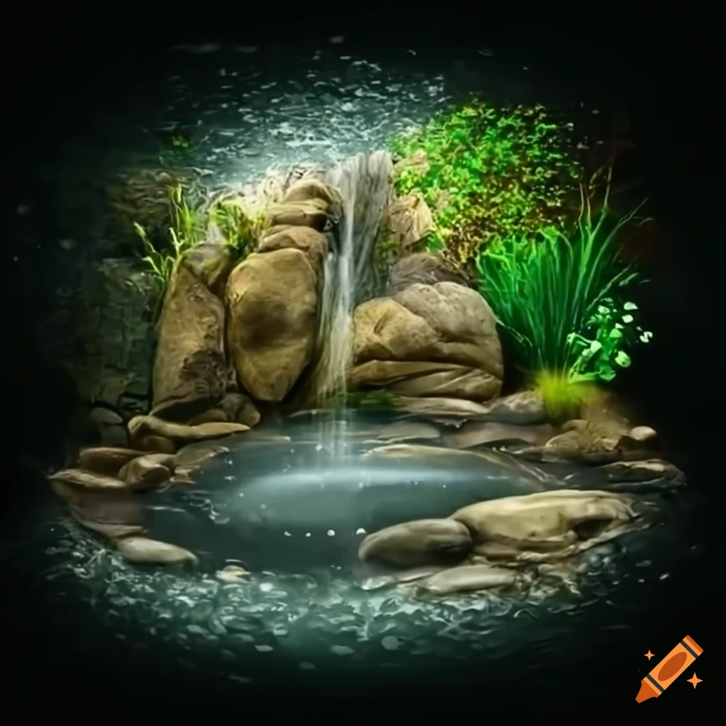 Serenely moving pond with rocks on white background on Craiyon