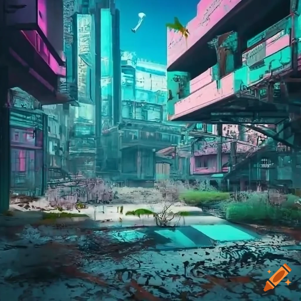 An abandoned cyberpunk city courtyard with destroyed robots and ...