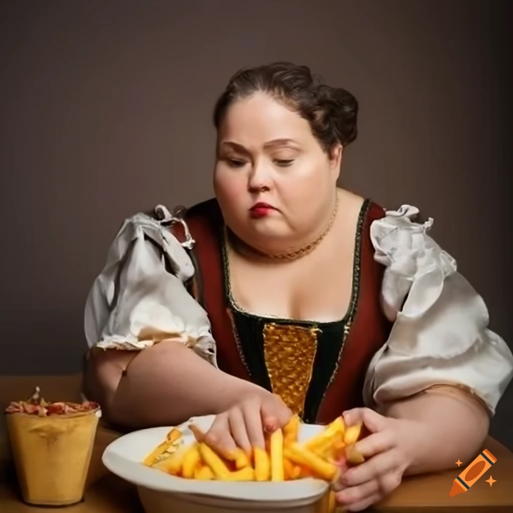 Portrait of a fat noblewoman enjoying french fries in the renaissance ...