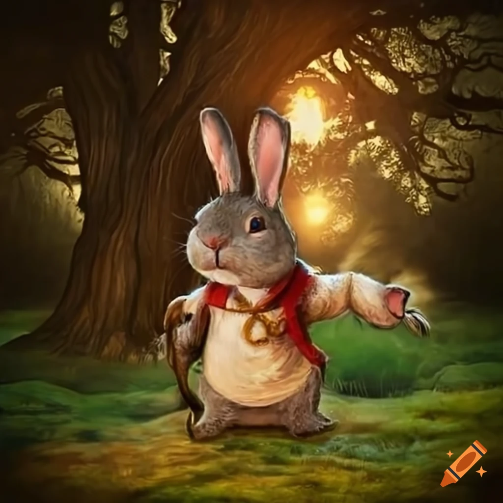 A wise rabbit dressed as a wizard under an ancient oak tree