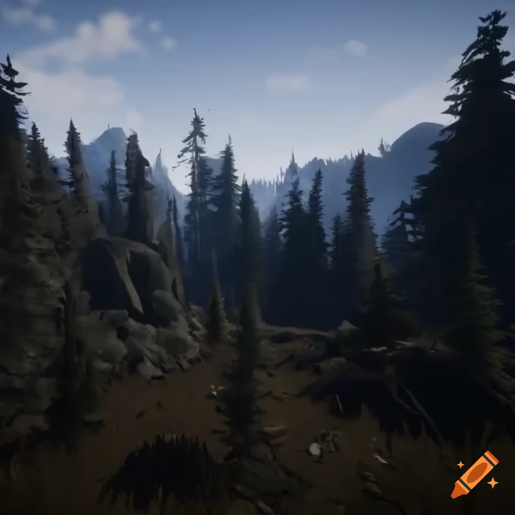 Unreal engine 5 high mountains with taiga forest on Craiyon