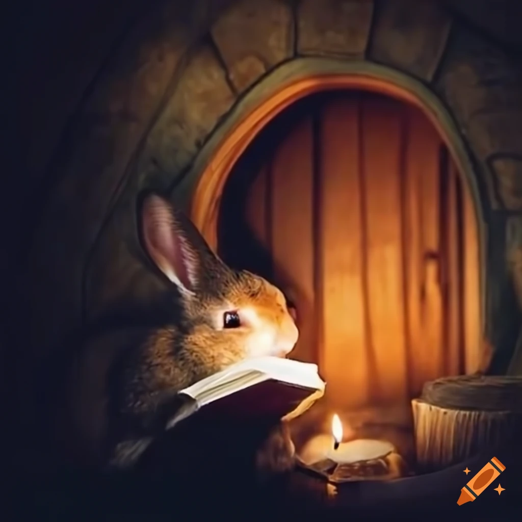 A rabbit reading a book by candlelight in a hobbit hole