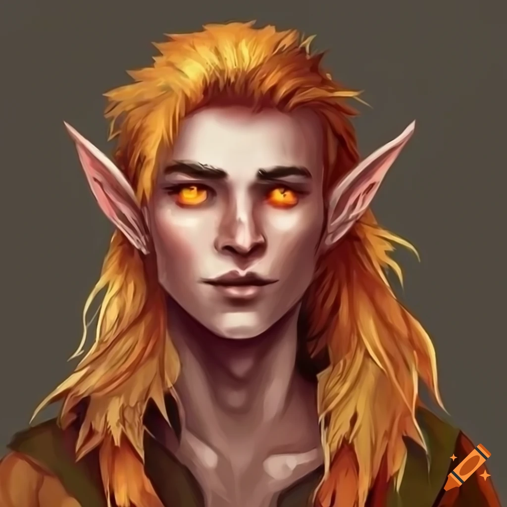 A male fey elf with autumn leaves hair, orange clothes, and orange eyes