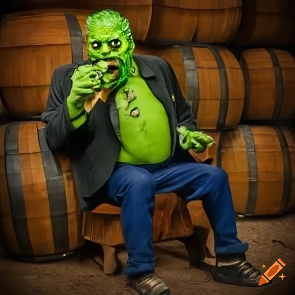 A crazy green monster drinking wine while sitting on the barrels and ...