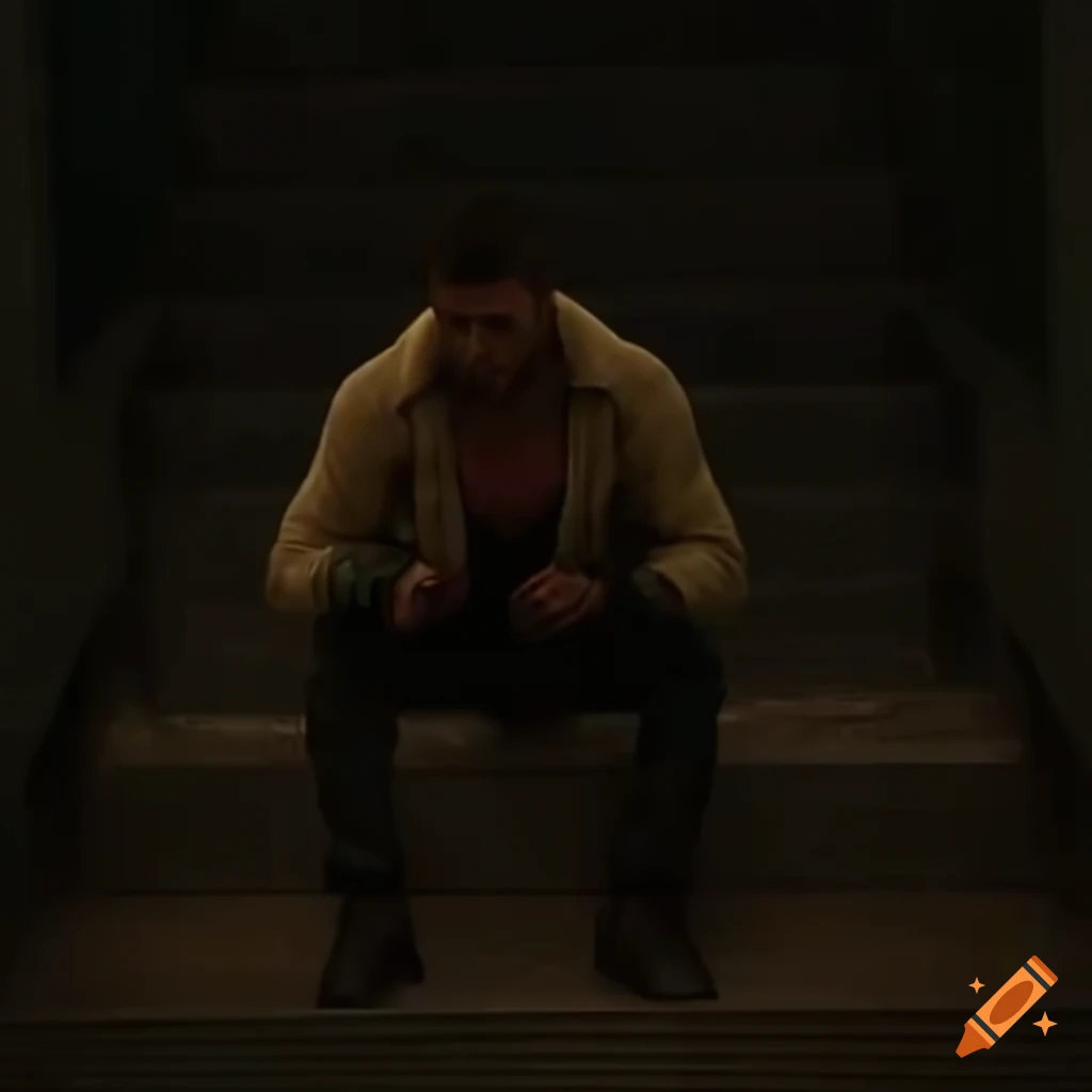 A dejected and battered man sitting on steps. In the style of blade ...