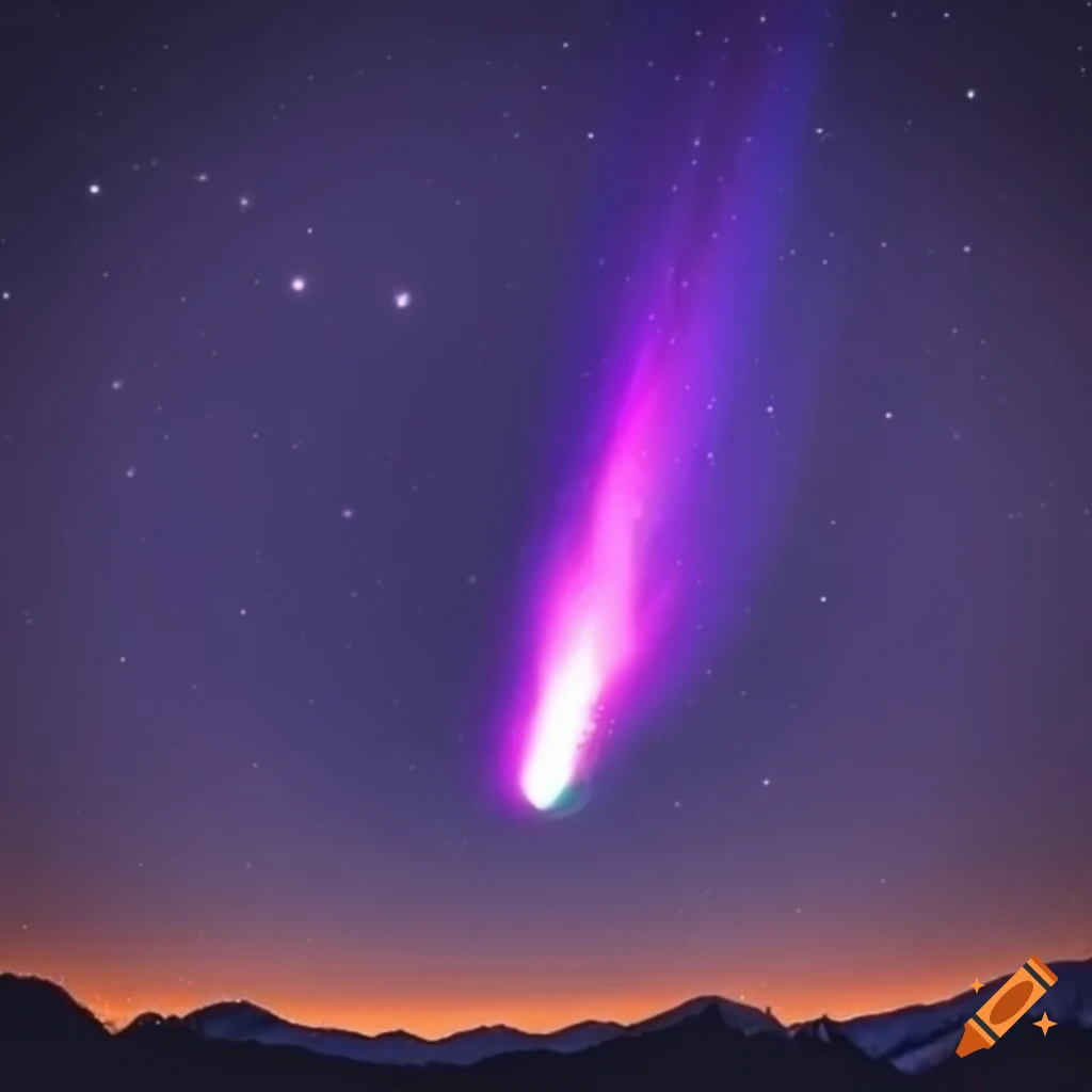Create a photo of a comet crossing the sky trailing a long, glowing ...
