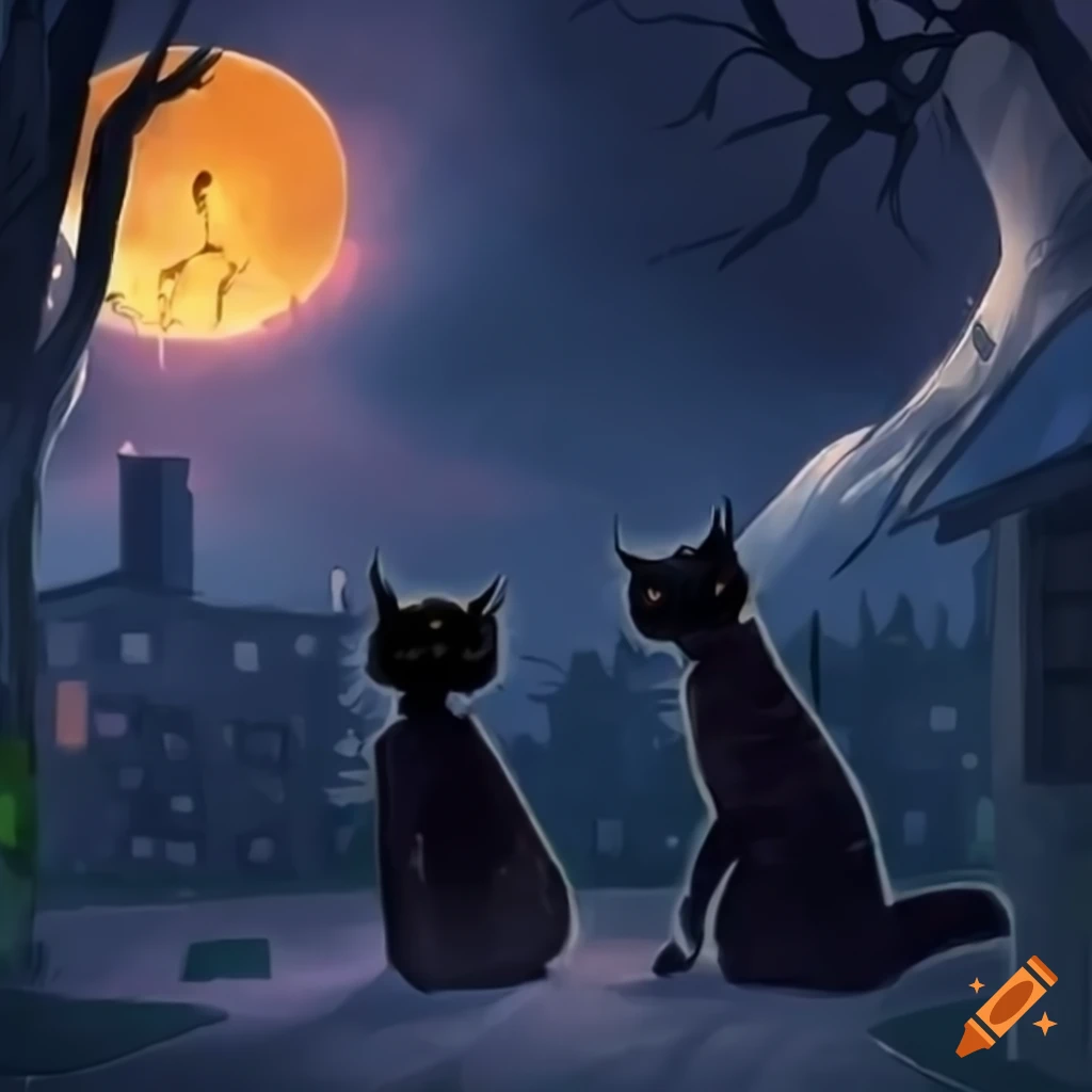 An anime style picture of two spooky cats prowling a neighbourhood at ...
