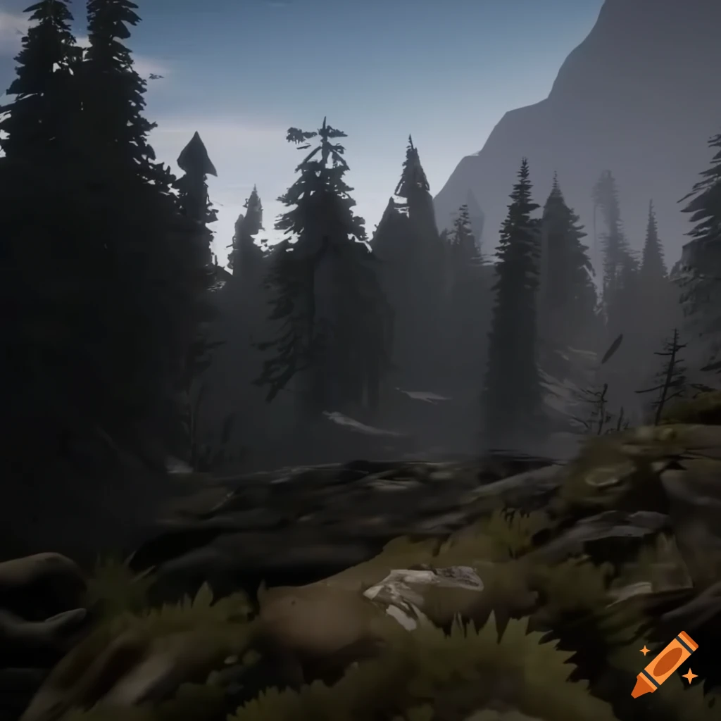 Unreal engine 5 mountains with taiga forest on Craiyon